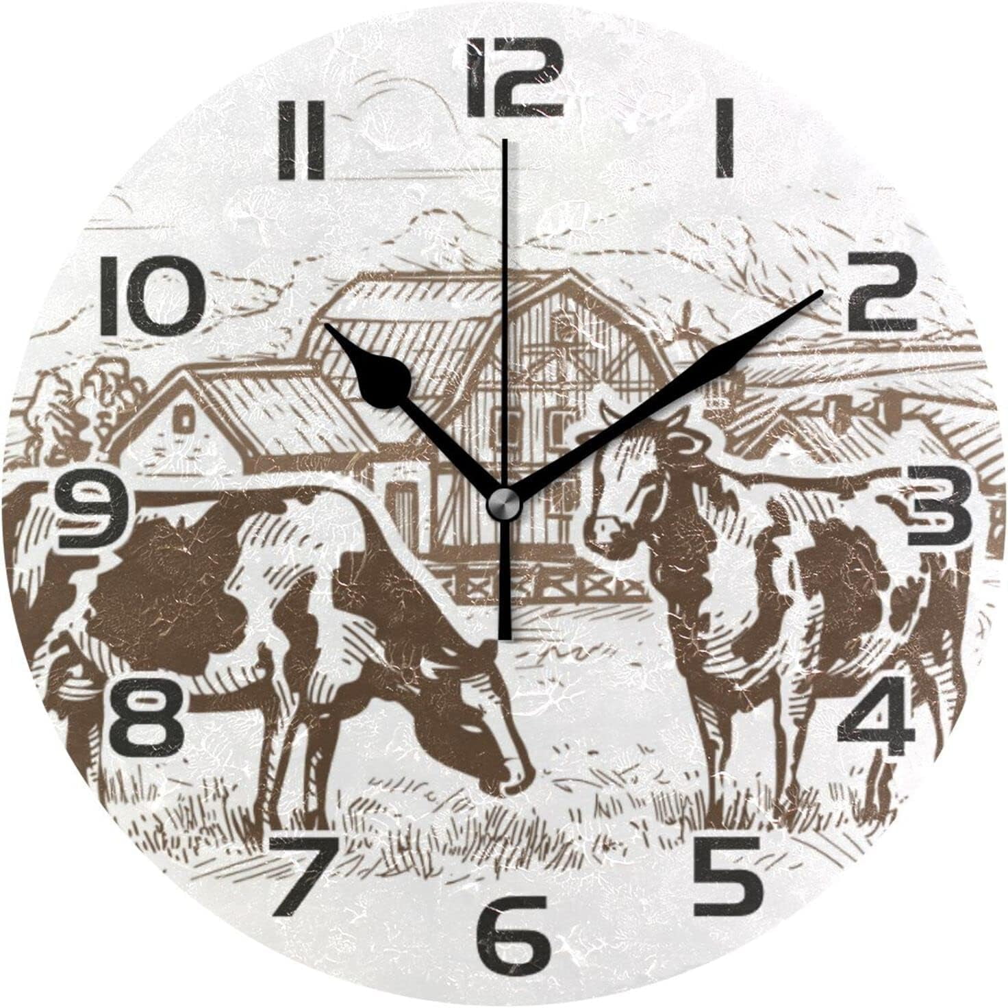 Farm Cows Wall Clock Round Vintage Silent Non Ticking Battery Operated ...