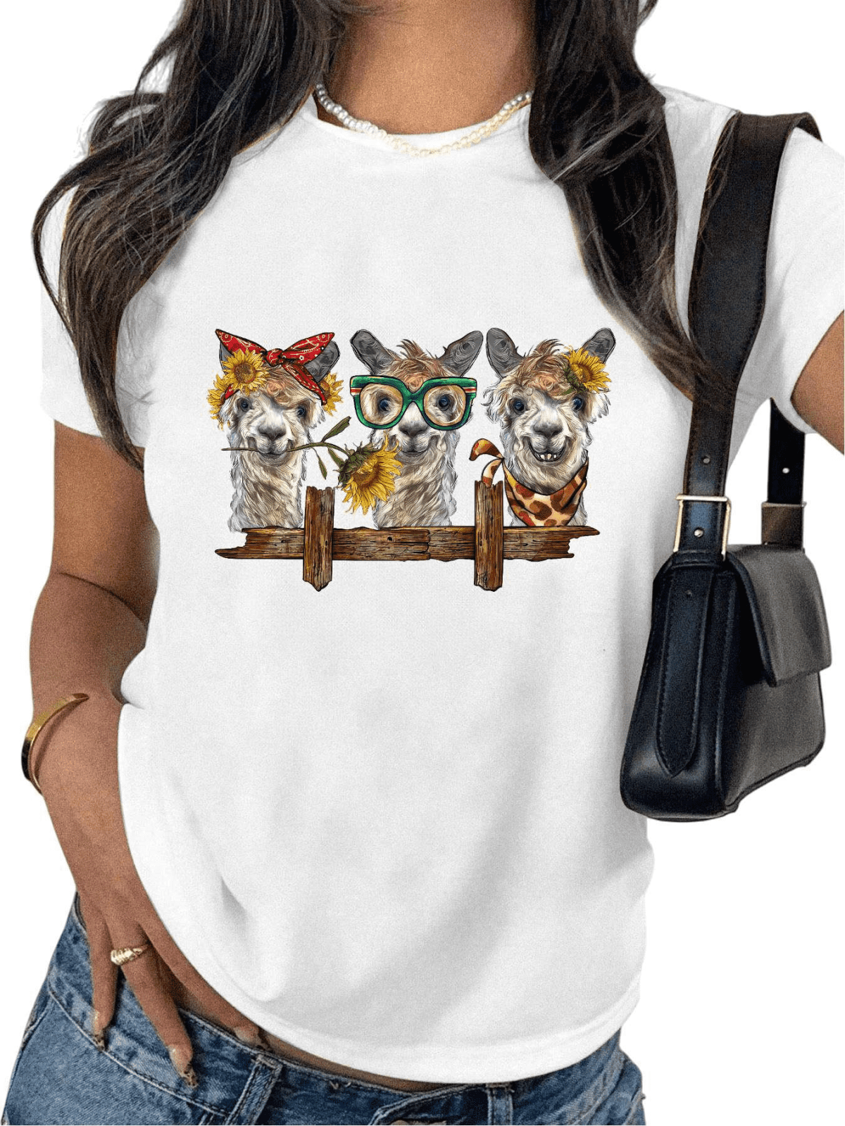 Farm Cute Decorated Alpaca White S-5XL Women's Cotton Print Tshirt ...