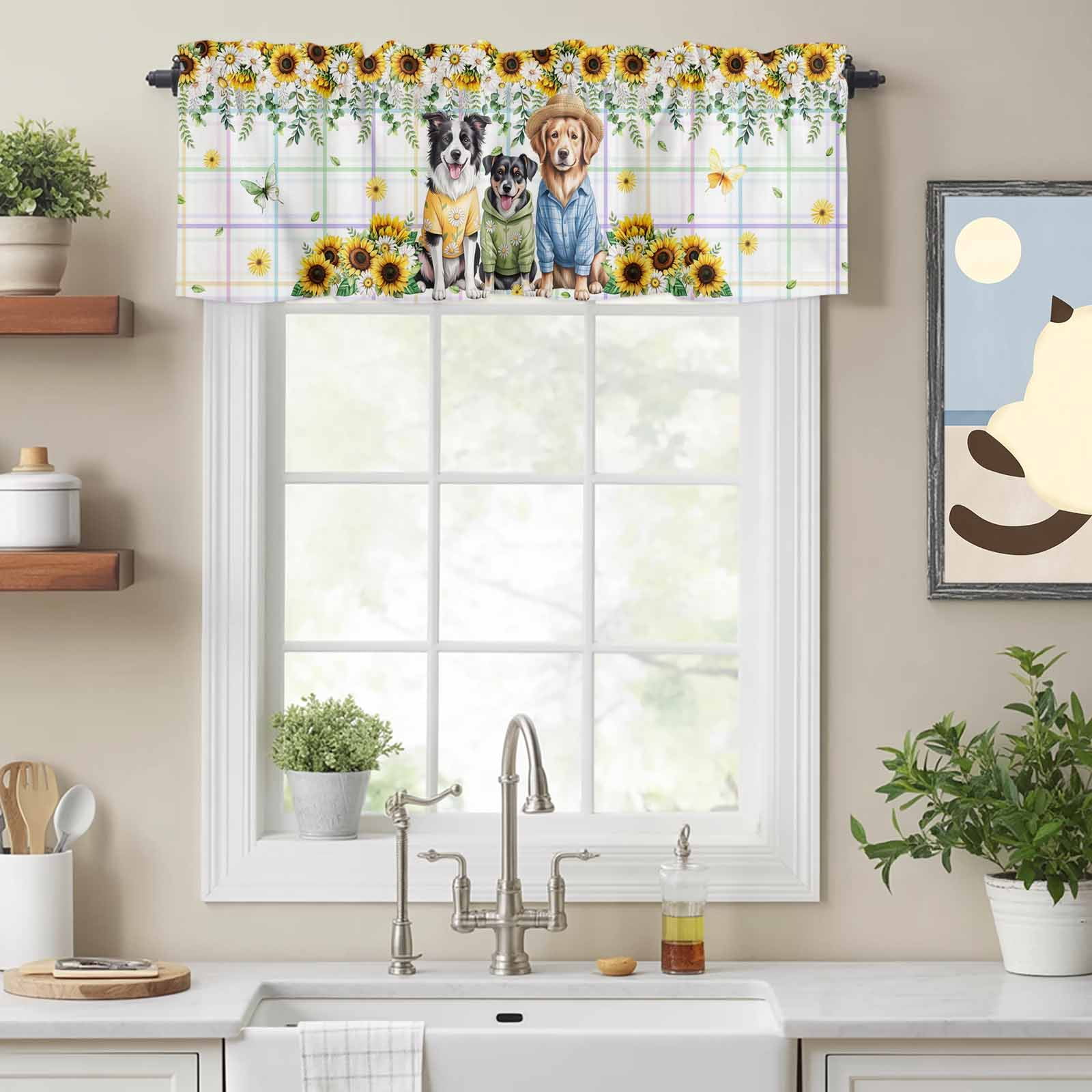 Farm Cute Dogs Farm Sunflowers Valances for Windows,Rod Pocket Valance ...