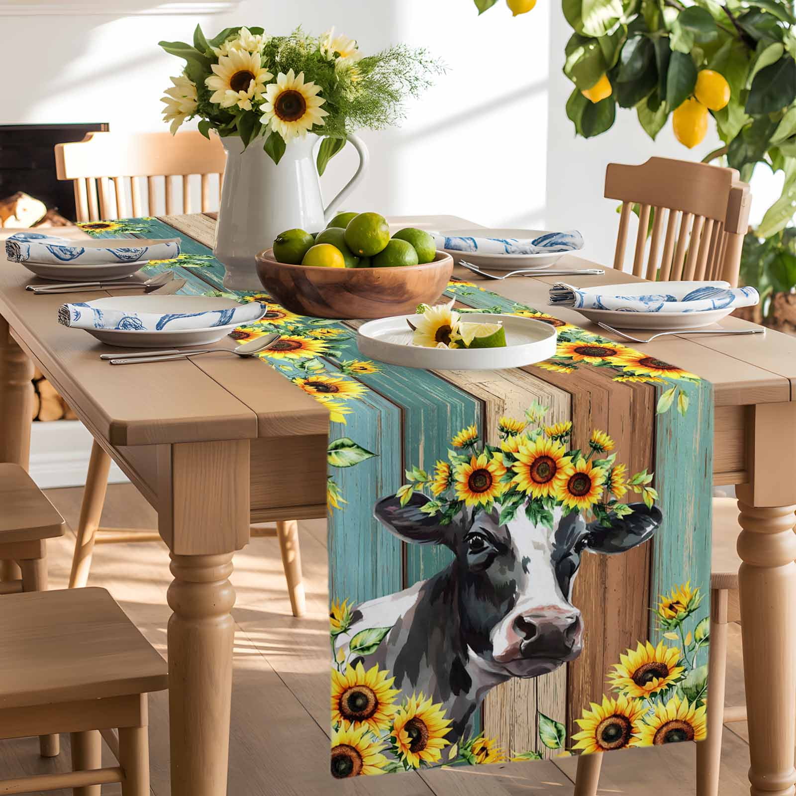 Farm Dairy Cow on Wood Grain Table Runner-90 Inch Long Pastoral ...