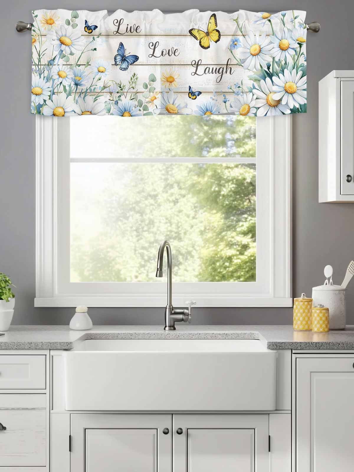 Farm Daisy Flower Butterfly Valances for Windows,Rod Pocket Valance for ...