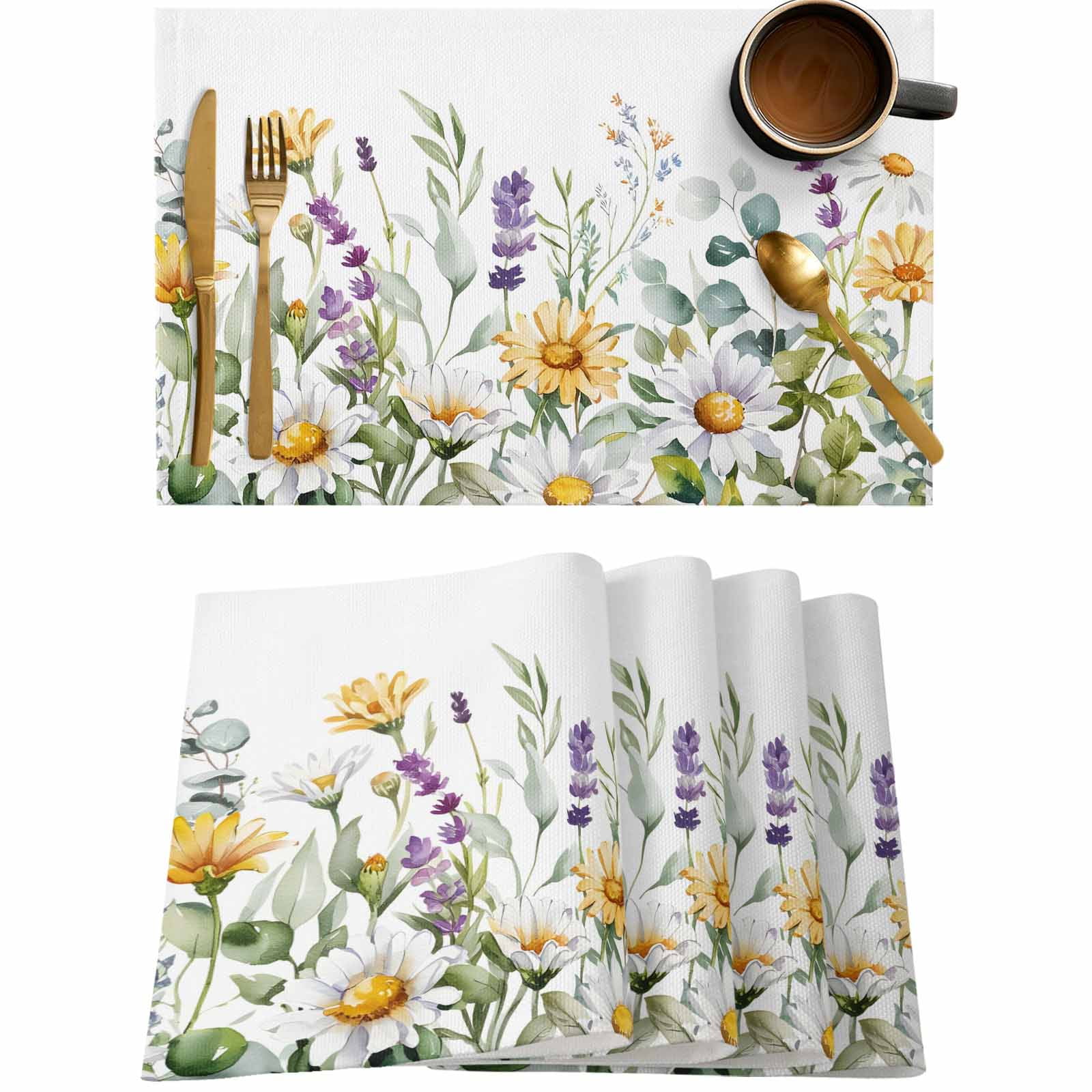 Farm Daisy Flower on White Placemats Set of 4,Wipeable Washable Table Mats for Dining Tables ...