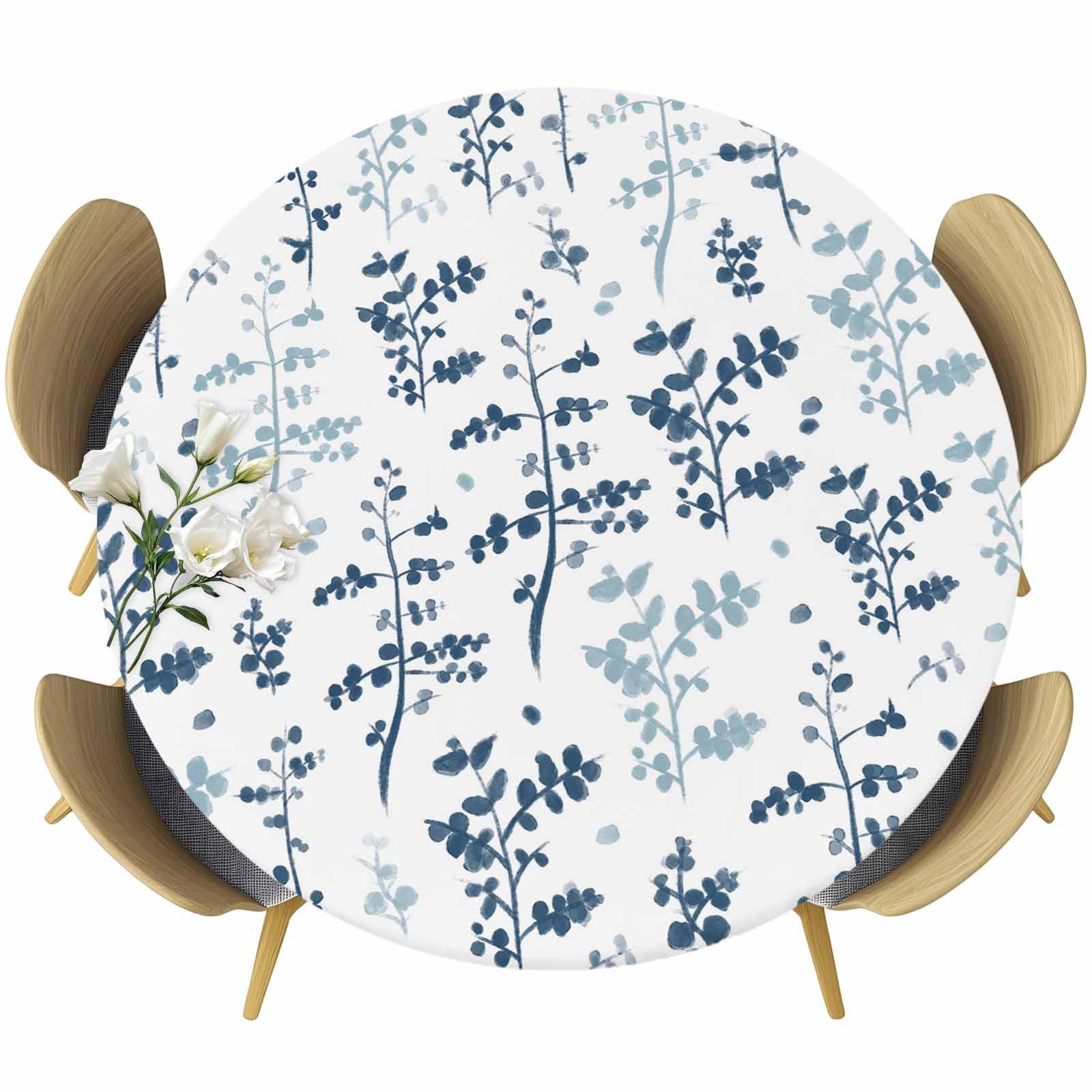 Farm Dark Blue Leaves Round Fitted Tablecloth with Elastic Edge ...