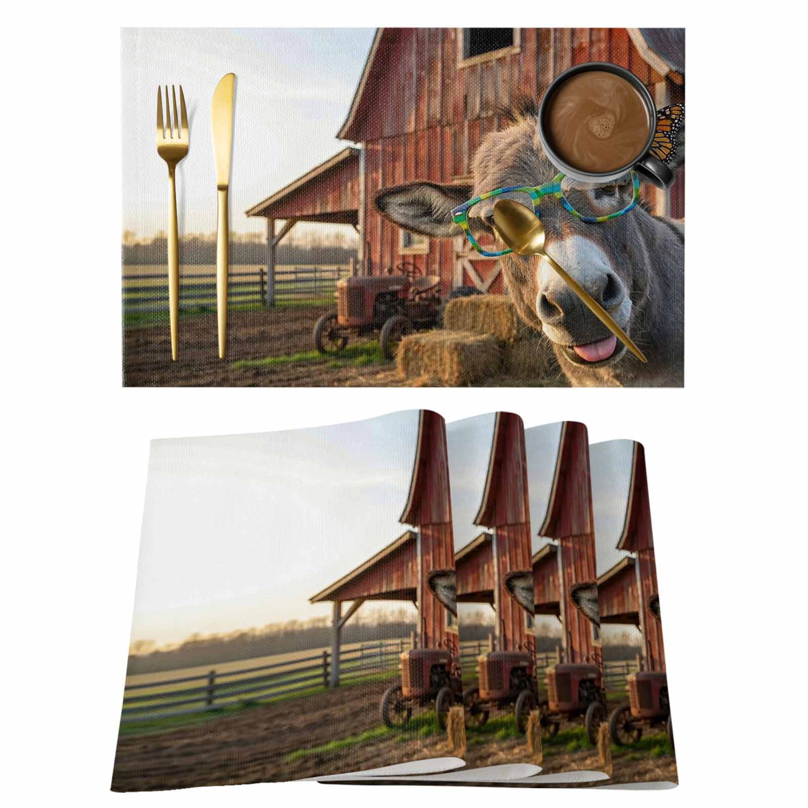 Farm Donkeys Placemats Set of 4 Farmhouse Barn Funny Animals Butterfly ...