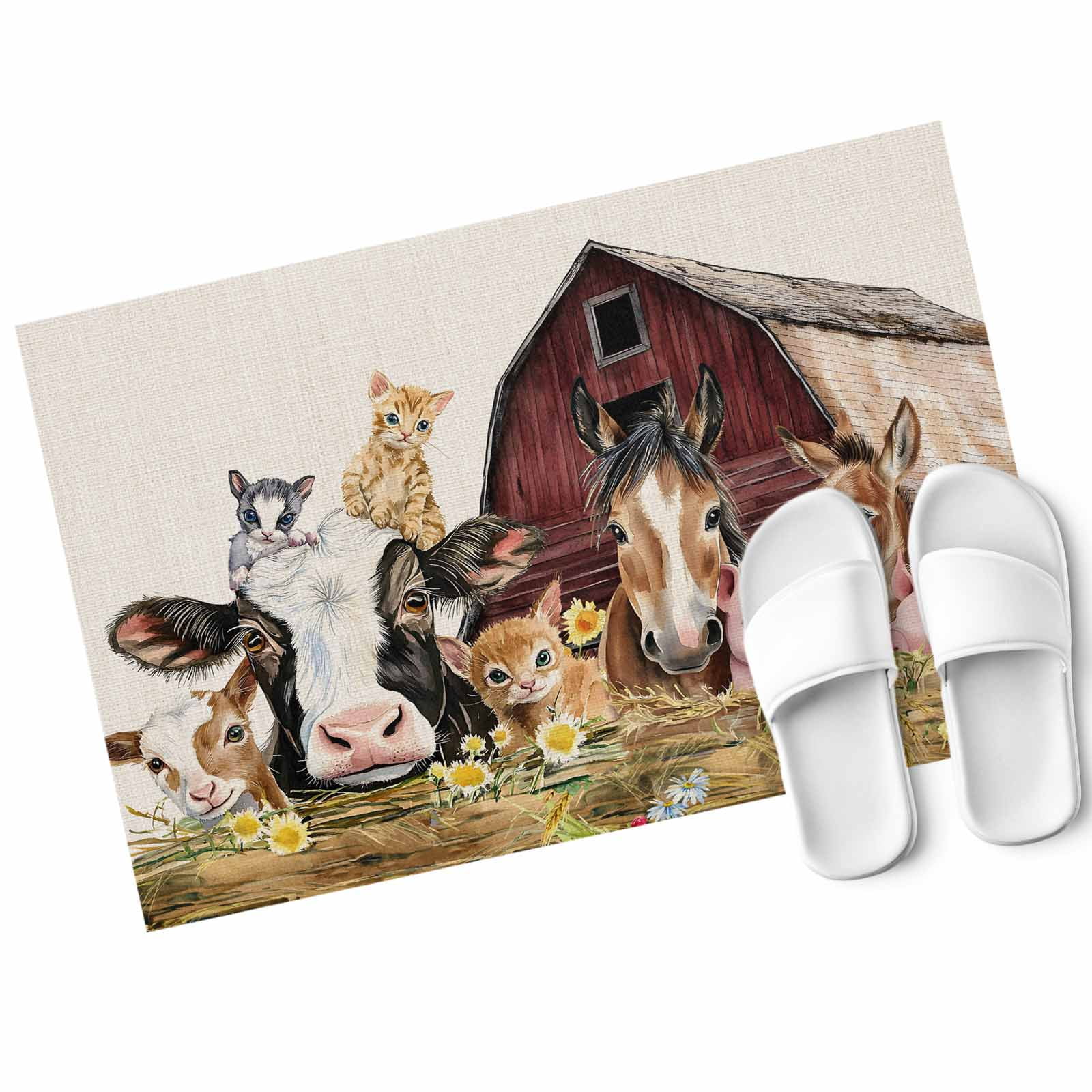 Farm Door Mat Barn Horse Sheep Cat Animal Country Retro Linen ...