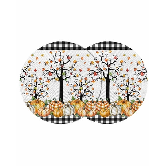 Farm Fall Thanksgiving Round Table Placemats set of 2, Orange Plaid ...