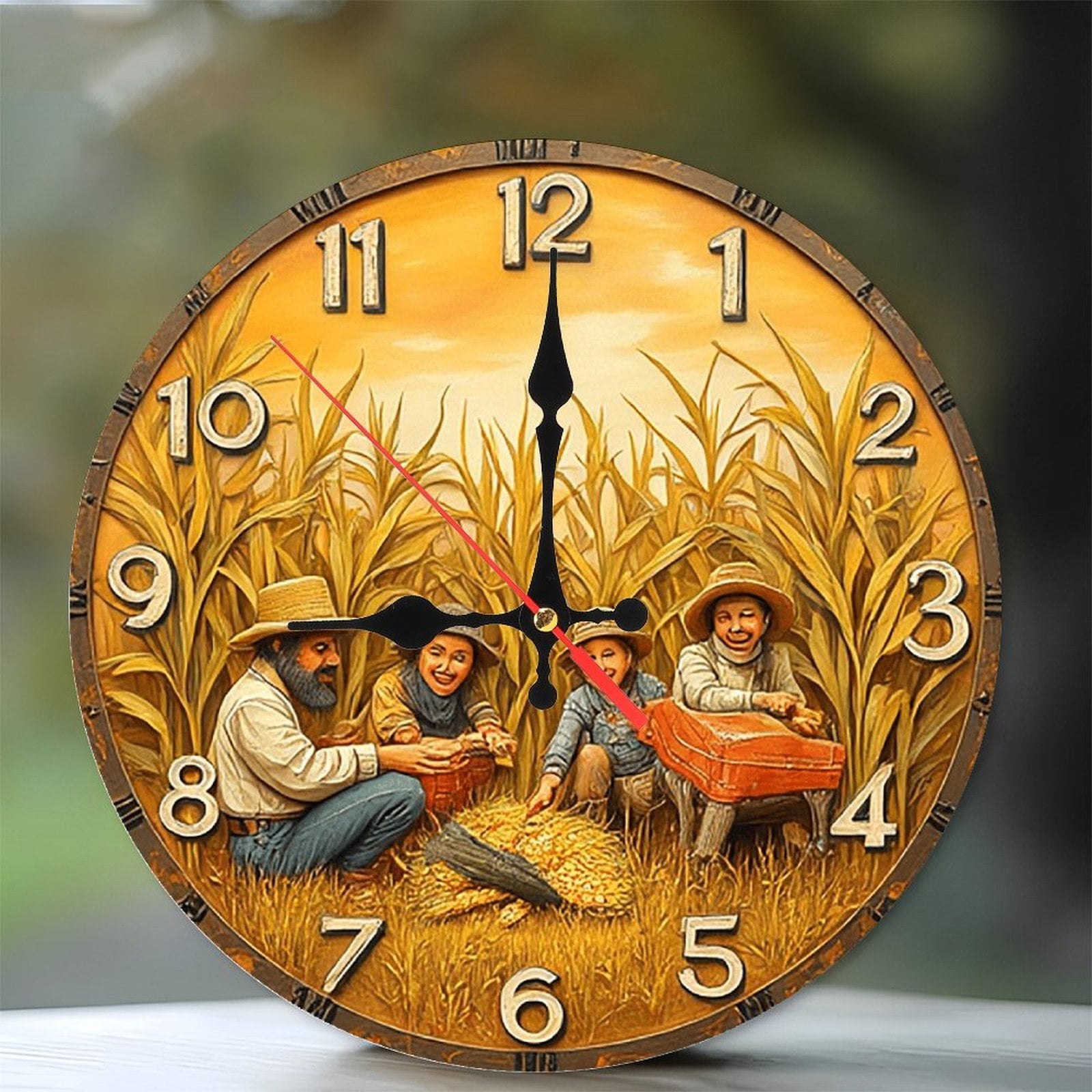 Farm Family Cornfield Harvest Clock Wall Art 10-Inch Silent Wooden Wall ...