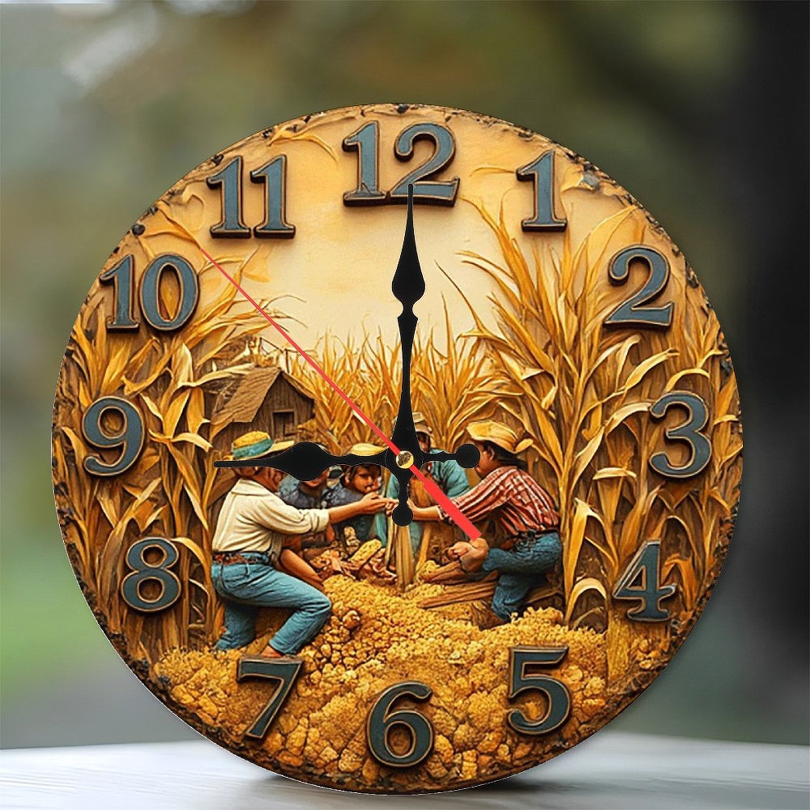 Farm Family Cornfield Harvest Wall Clock 10-Inch Silent Wooden Wall ...