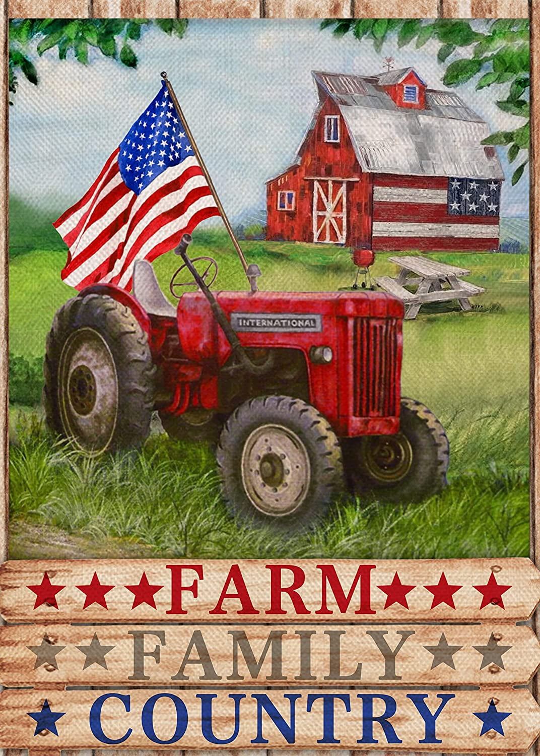 Farm Family Country Barn Tractor July 4th American Patriotic Garden ...