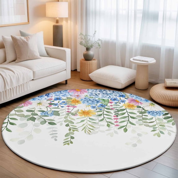 Farm Flower Green Eucalyptus Leaves Round Rug 5ft Hydrangeas Floral on ...