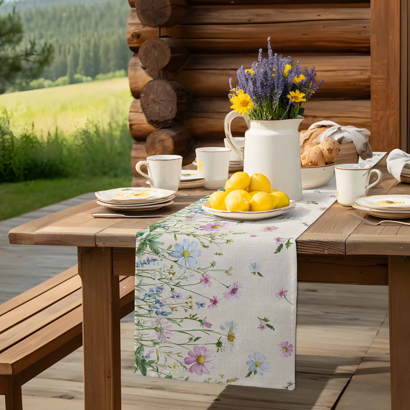 Farm Flower Leaf Wildflower Table Runner 13x90in Non-Slip Cotton Linen ...