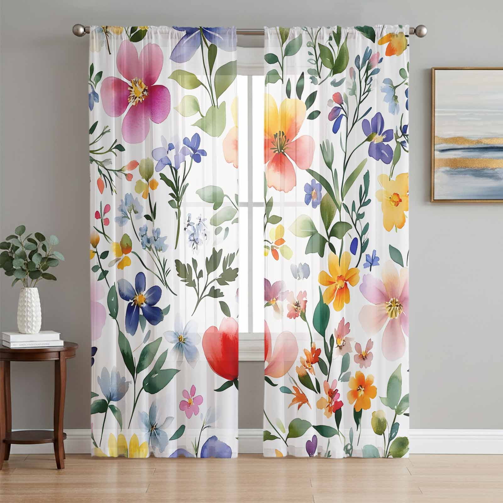 Farm Flower Sheer Curtains 96 Inch Length 2 Panels Set, Boho Spring ...