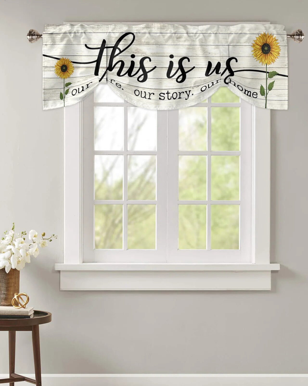 Farm Flower Sunflower Wood Grain Window Valance Curtain Kitchen Cafe ...