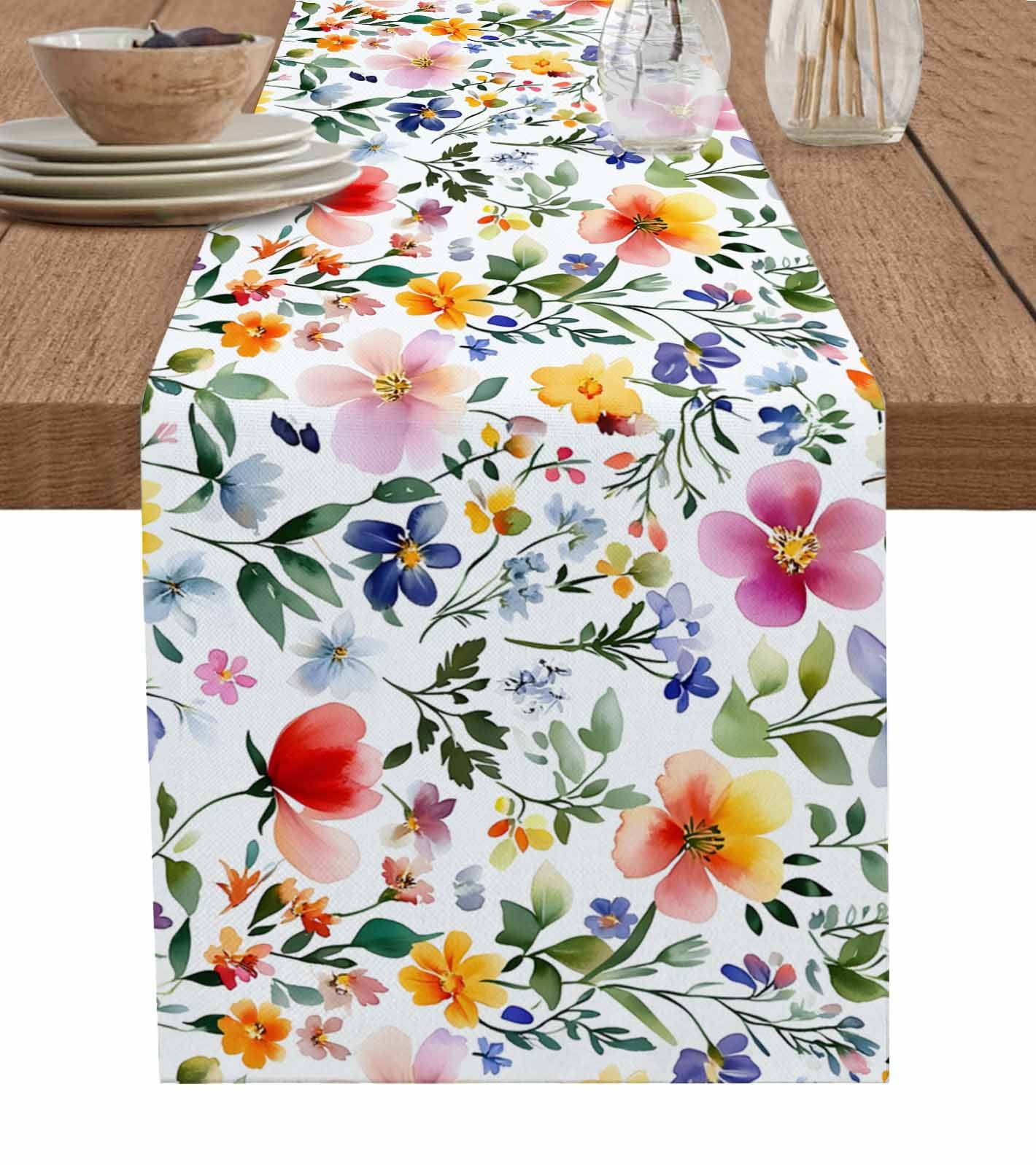 Farm Flower Table Runner 72 Inches, Boho Spring Leaf Watercolor Floral ...
