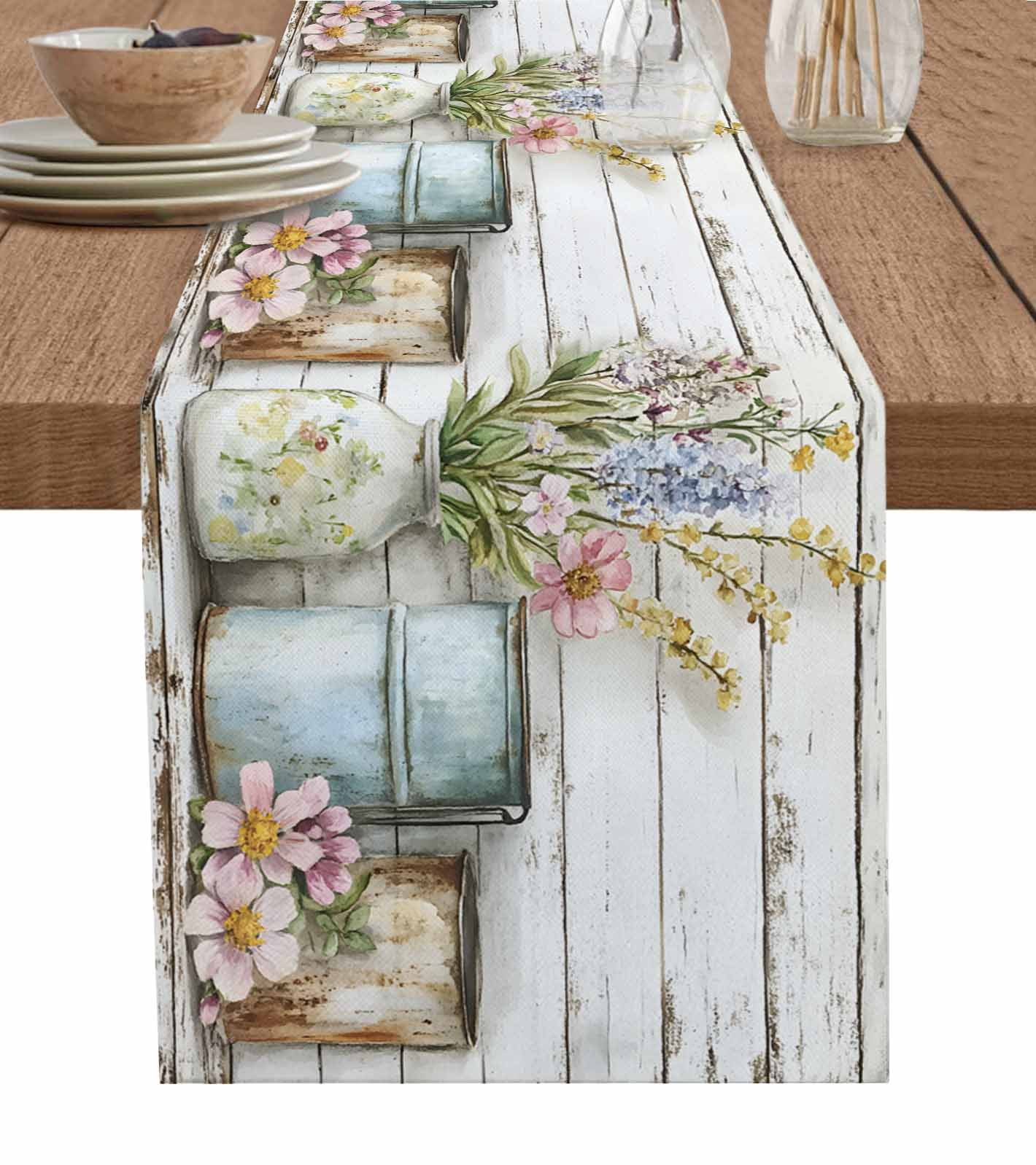 Farm Flowers Table Runner 72 Inches, Daisies Lavender Botanical Art ...