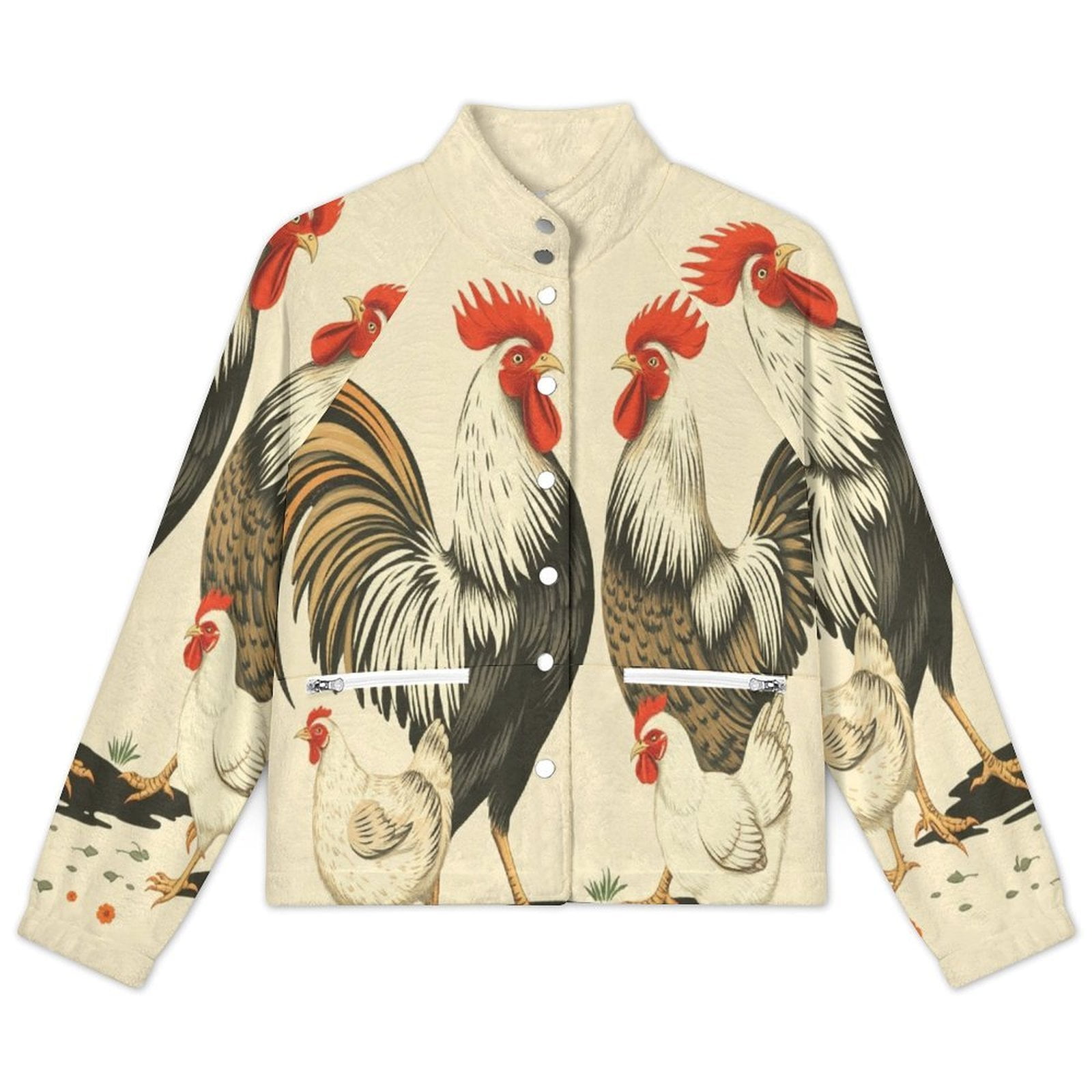 Farm Fowl Family Portrait Warm Women's Plush Jacket Stand Collar Full ...