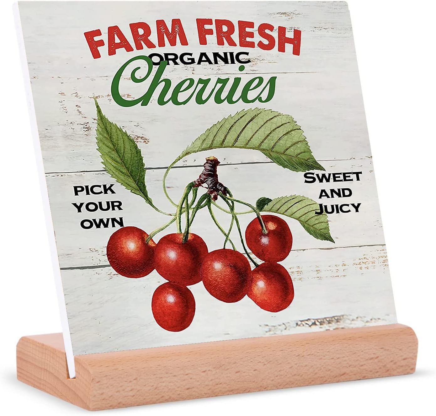 Farm Fresh Cherries Ceramic Table Plaque with Wooden Stand Rustic ...