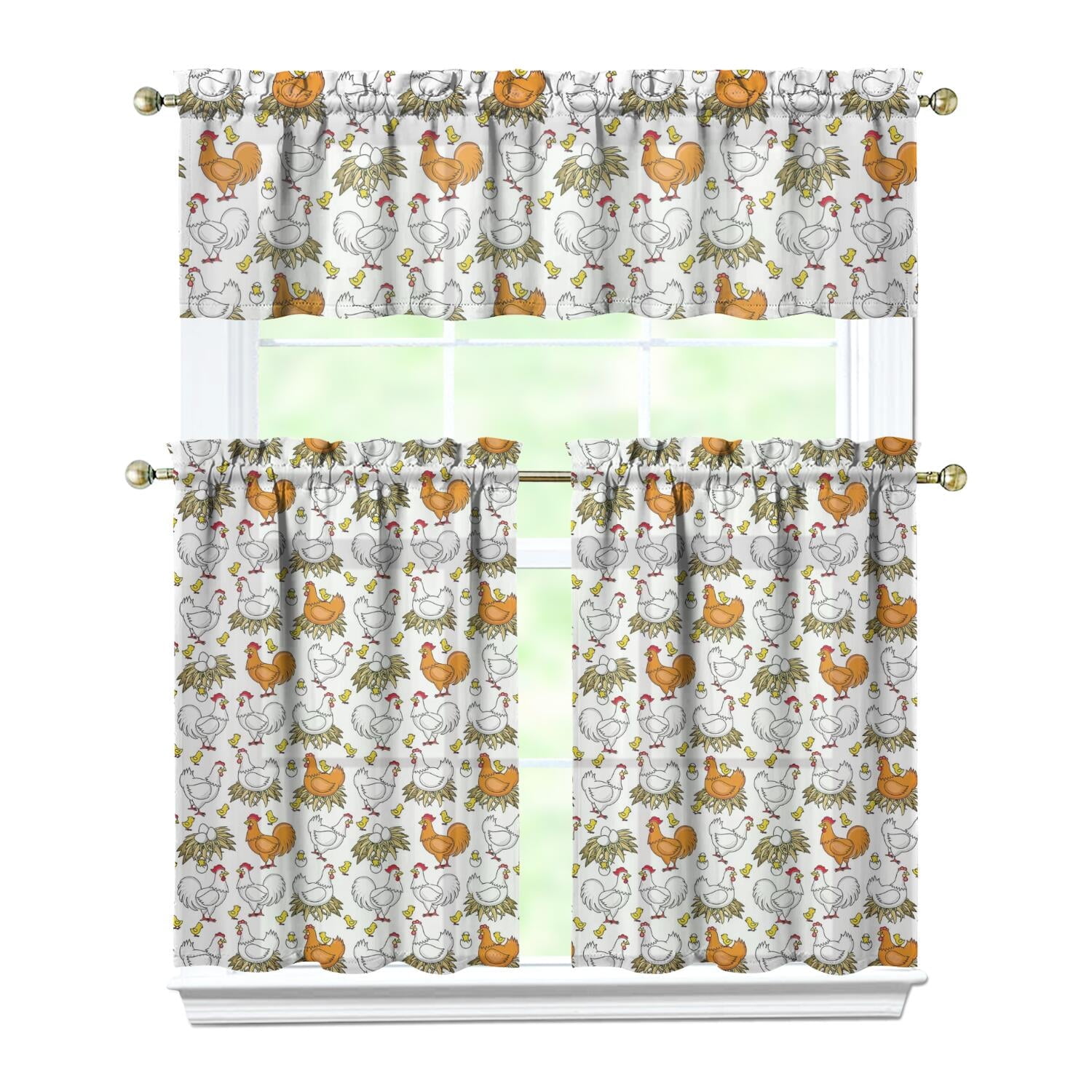Farm Fresh Chicken Print Kitchen Curtains 3-Piece Set - Hen & Egg Retro ...