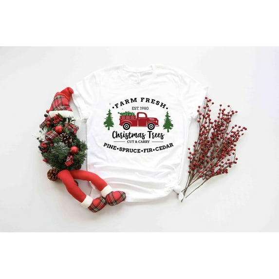 Farm Fresh Xmas Trees Tee, Red Truck Holiday Tree Farm Illustration ...