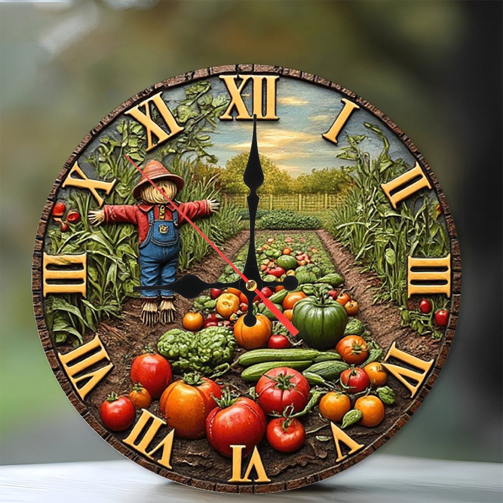 Farm Garden Scarecrow Wall Clock Roman Numerals 10-Inch Silent Wooden ...