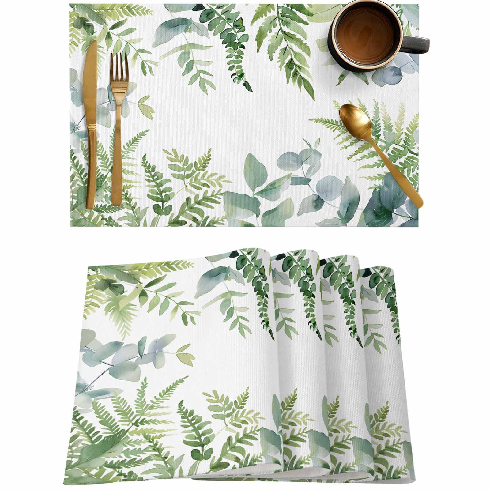 Farm Green Eucalyptus Leaf Watercolor Placemats Set of 4,Wipeable ...
