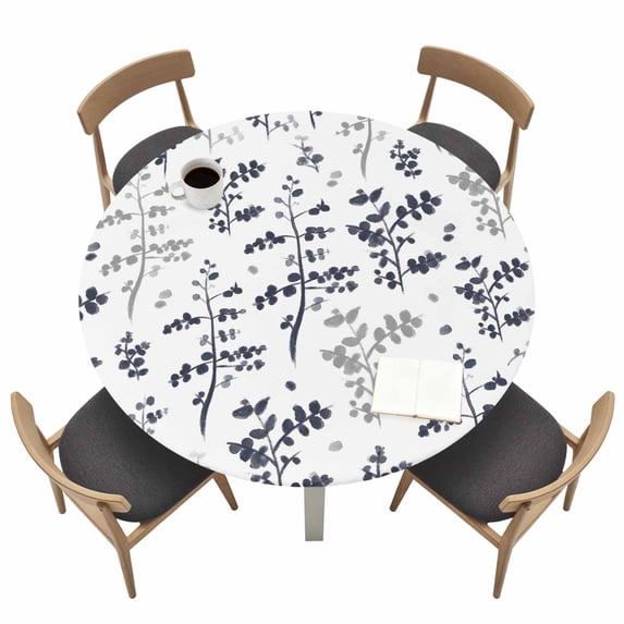 Farm Grey Black Leaves Round Fitted Tablecloth with Elastic Edge ...