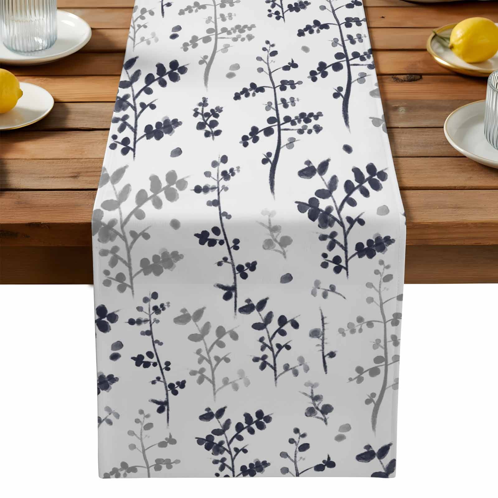 Farm Grey Black Leaves Table Runner, Country Style Floral Leaf Rustic ...