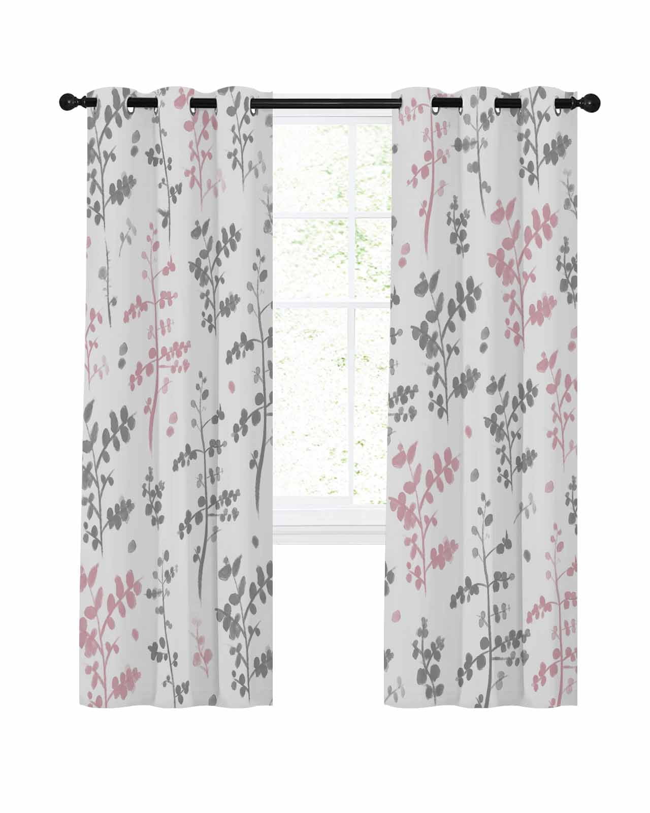 Farm Grey Pink Leaves Blackout Curtains 72 Inch Length Country Style ...