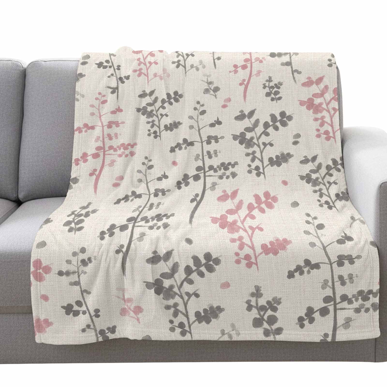 Farm Grey Pink Leaves Fleece Throw Blanket Lightweight Country Style ...
