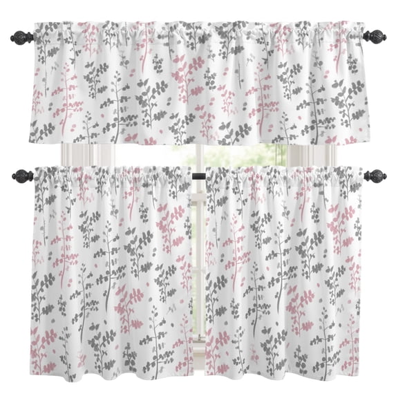 Farm Grey Pink Leaves Kitchen Curtains Set for Windows, Country Style ...