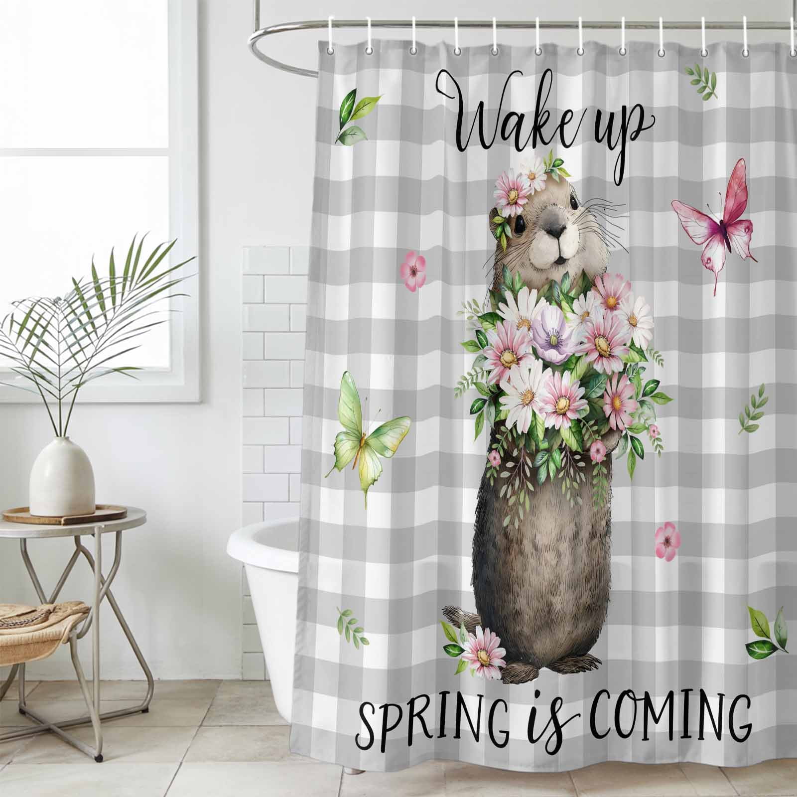 Farm Groundhog Butterfly Shower Curtain Set, Waterproof Shower Curtains With Grommet Hooks, Wake ...