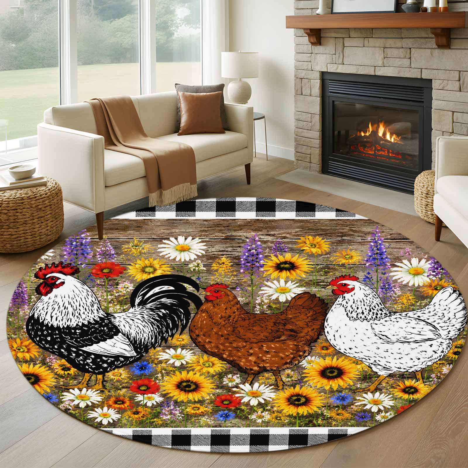 Farm Hen 6FT Round Area Rugs for Living Room Country Farmhouse Rooster ...