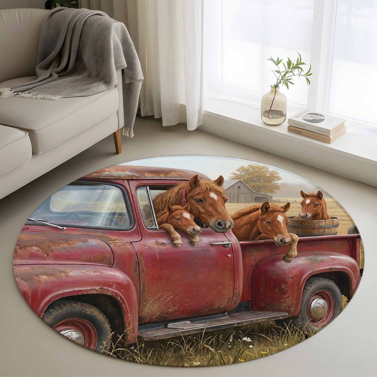 Farm Horse Animal Round Rugs for Living Room 3ft Vintage Red Truck ...