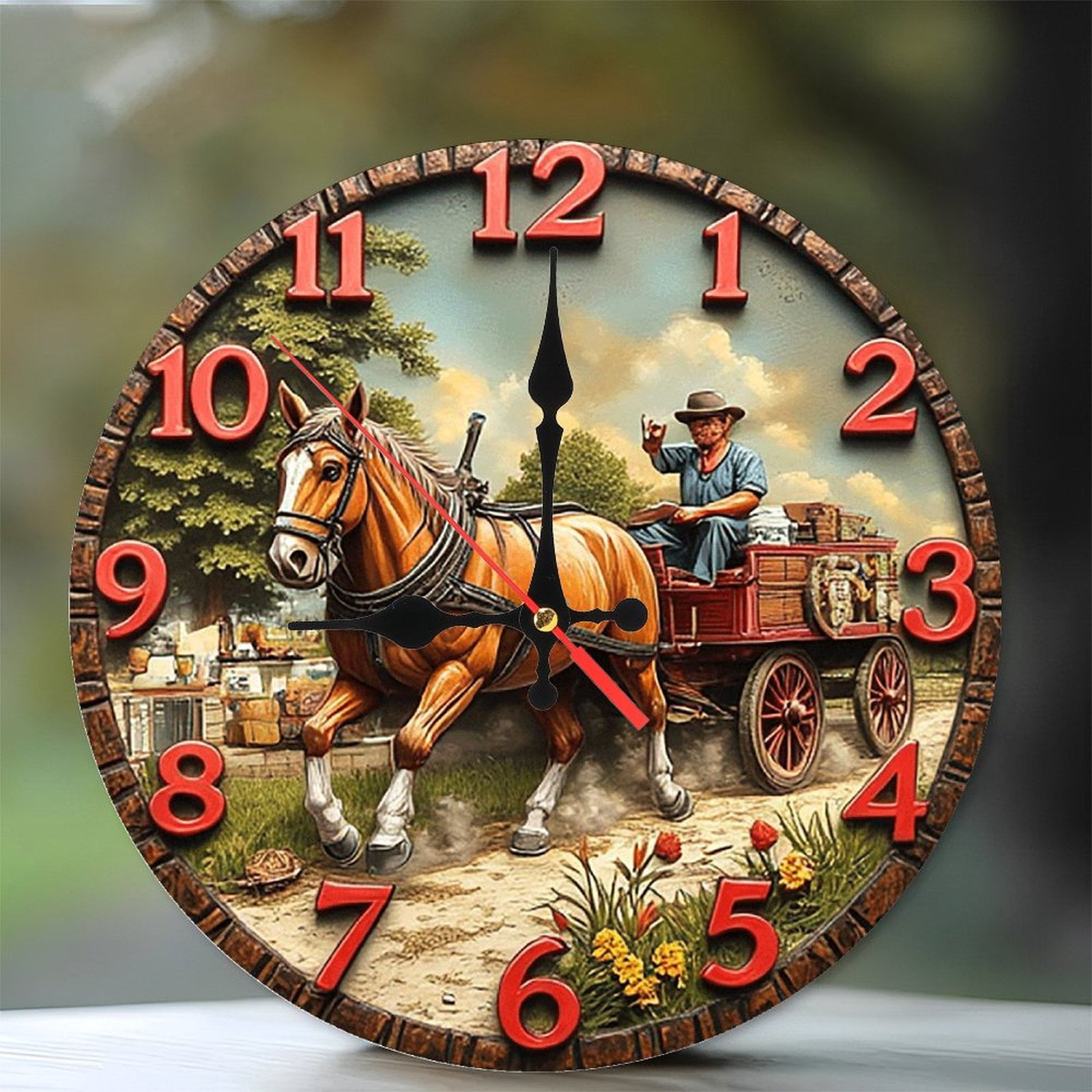 Farm Horse Cart Wall Clock Rustic Decor 10-Inch Silent Wooden Wall ...