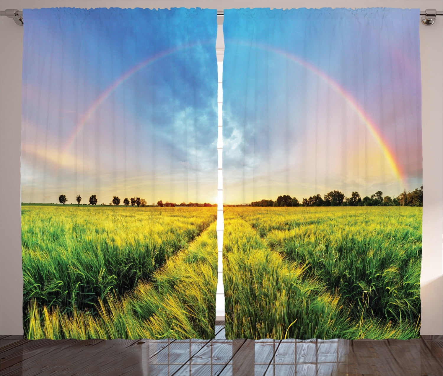 Ambesonne Green Yellow Curtains 2 Panel Set, Wheat Field Nature, 108" x ...