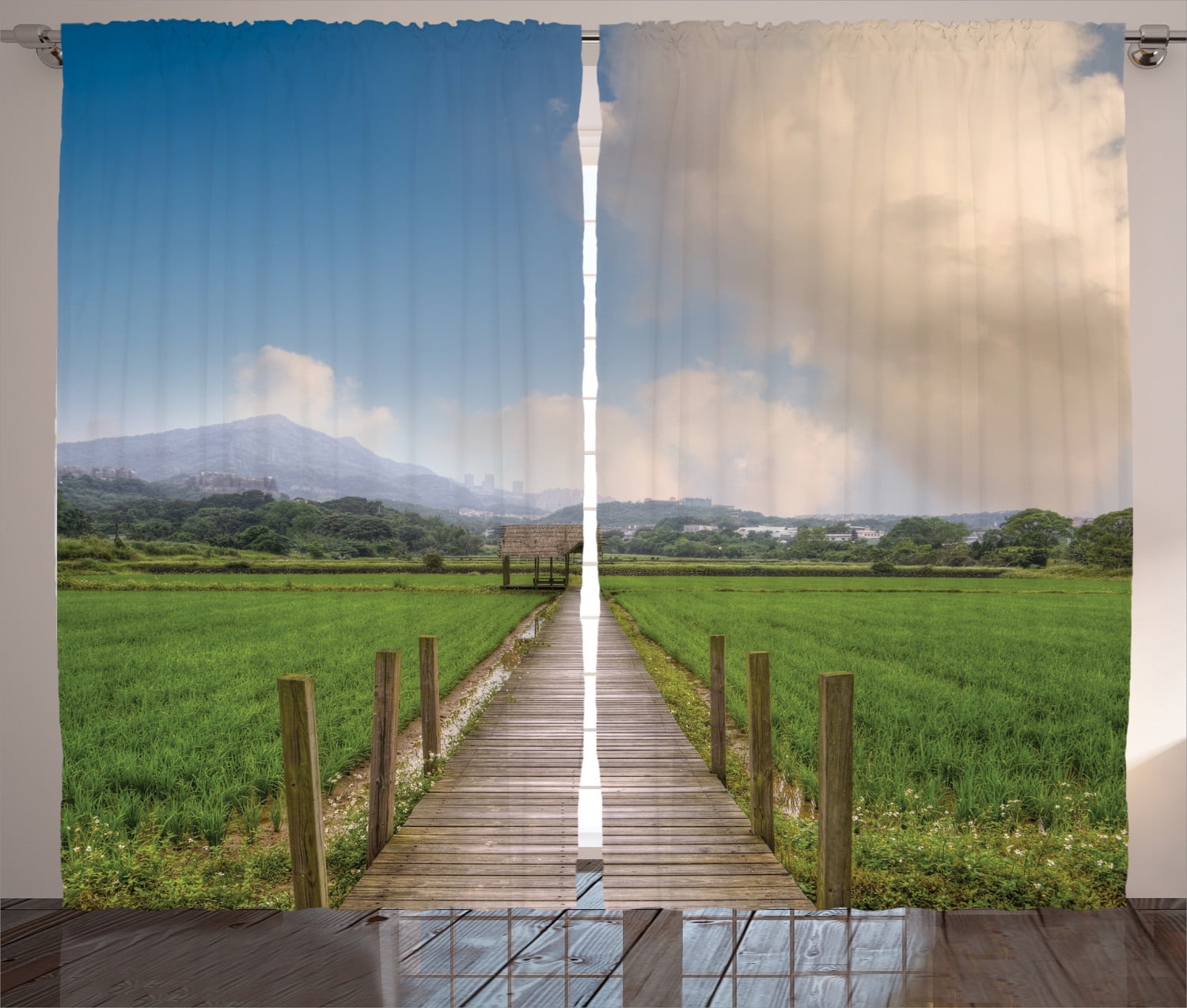 Ambesonne Landscape Curtains 2 Panel Set, Wooden Rural Path, 108" x 84 ...