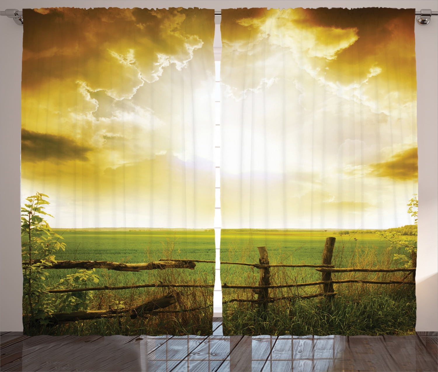 Ambesonne Country Curtains 2 Panel Set, Sunset on Spring Field, 108" x ...