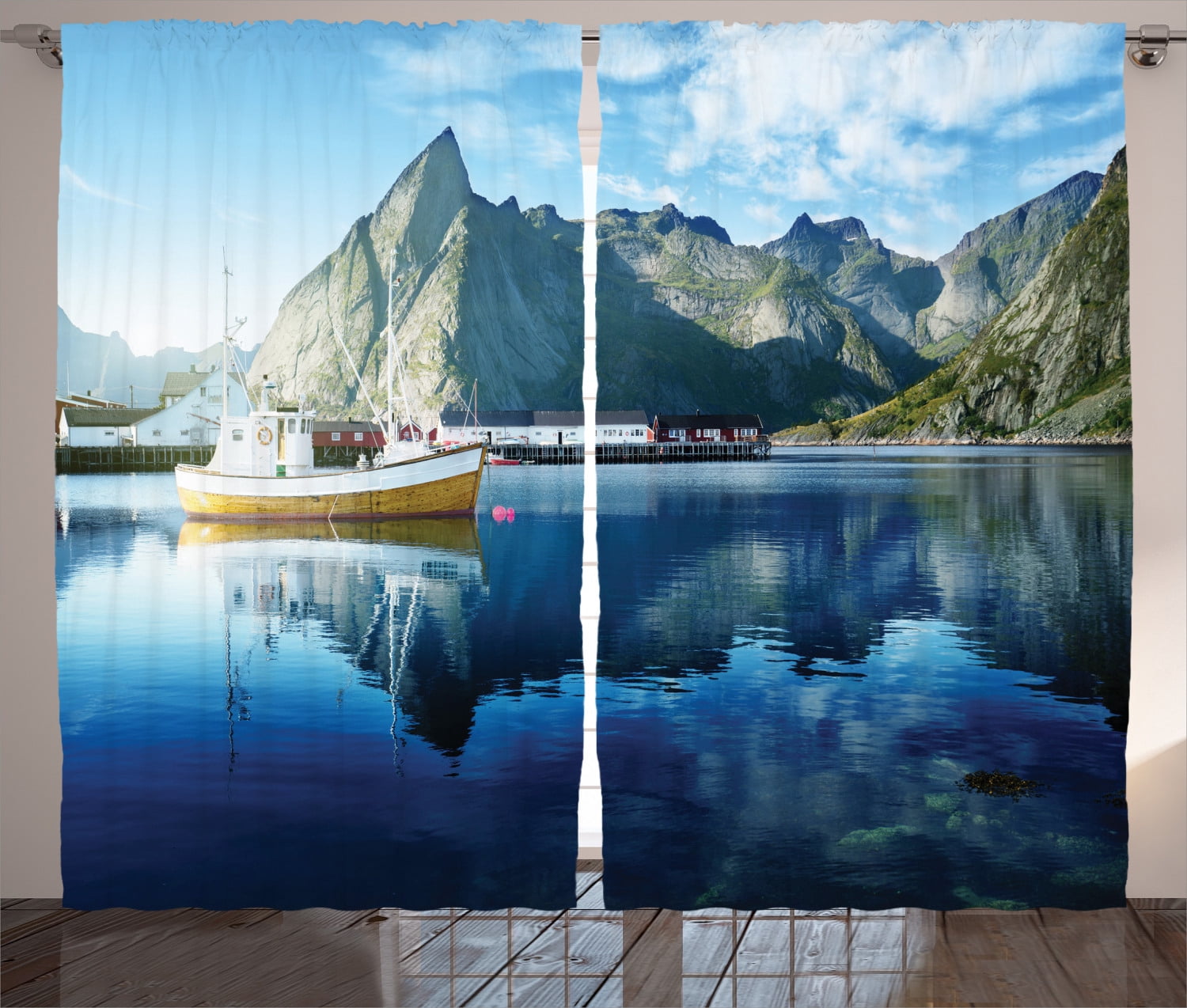 Ambesonne Scenery Curtains 2 Panel Set, Sunset Lake by Harbor, 108" x ...