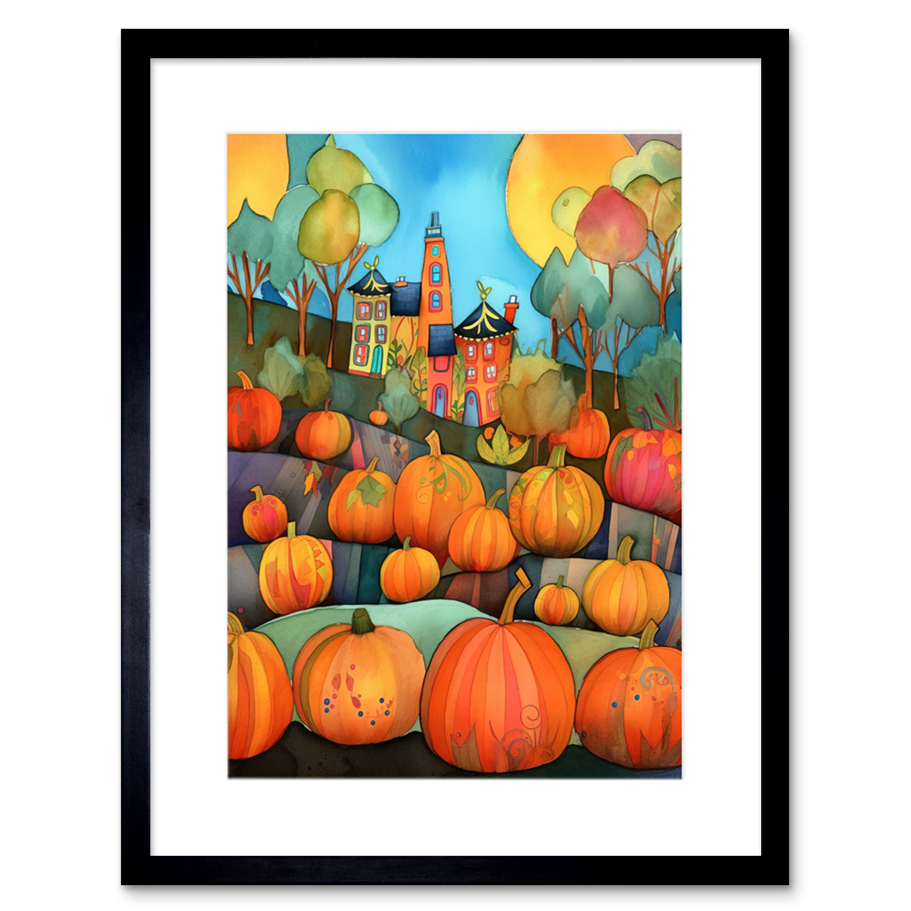 Farm House Halloween Pumpkin Patch Modern Folk Art Watercolour Painting ...