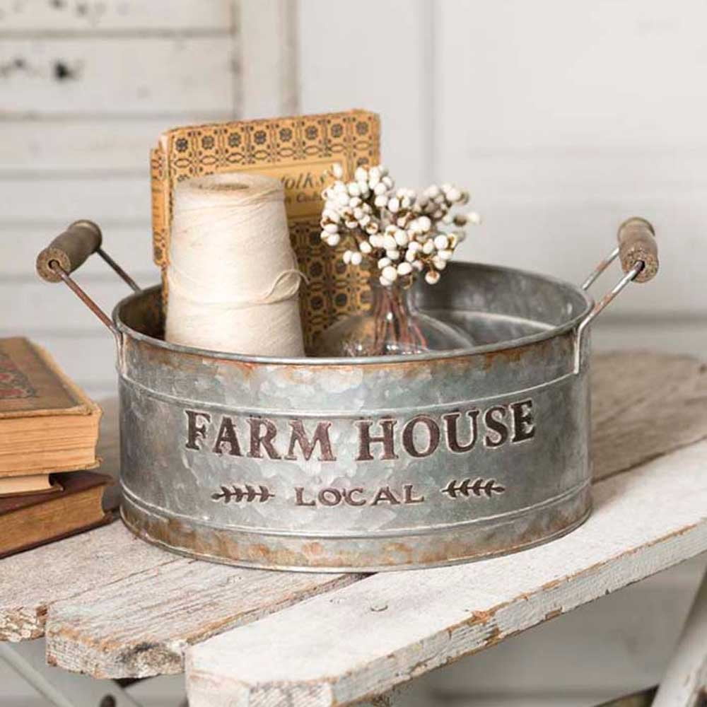 Farm House Round Bin W/Handles Has divider in the middle 13" x 10½" x 6 ...