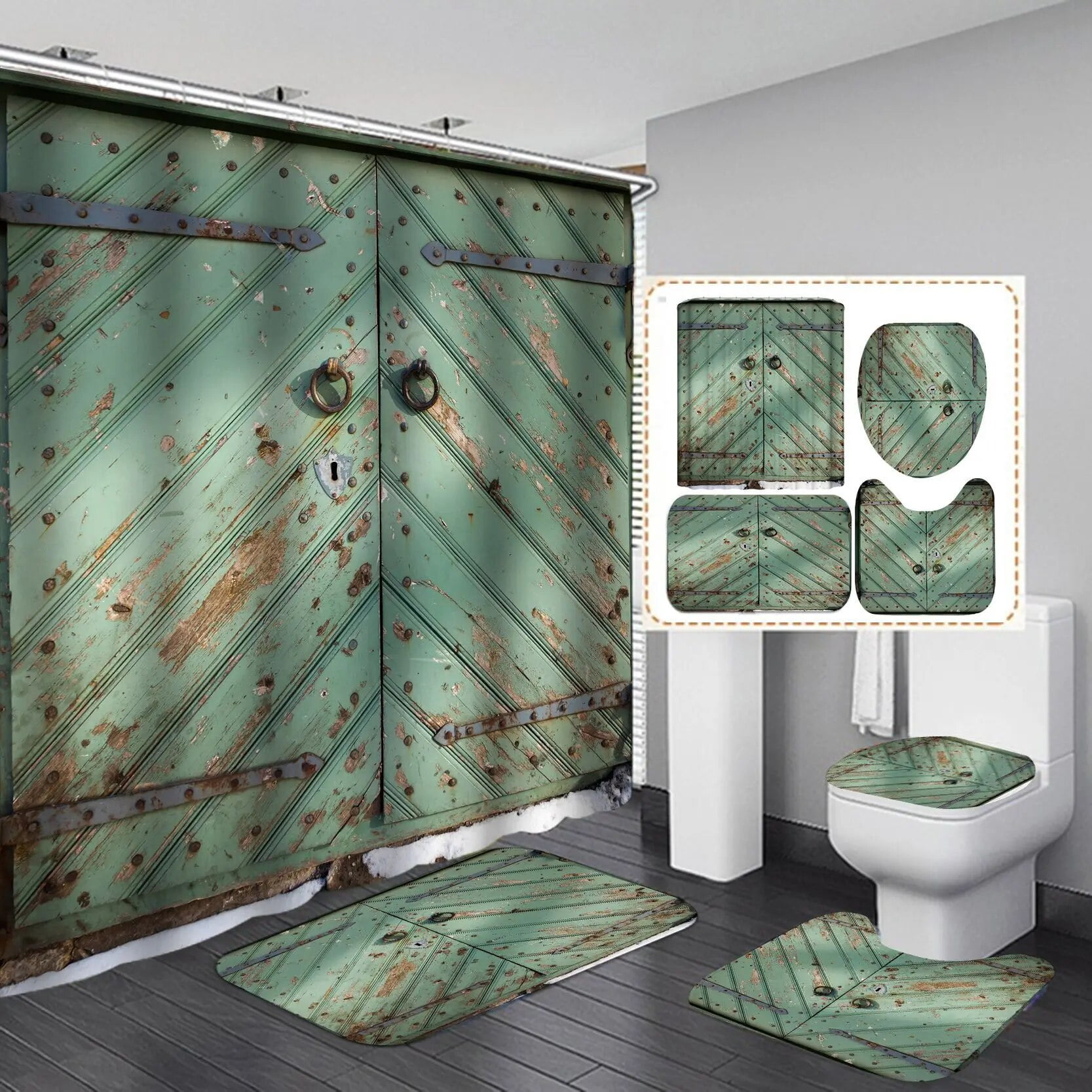Farm House Shower Curtain Sets Rustic Fabric Bathroom Decor Wood Door ...