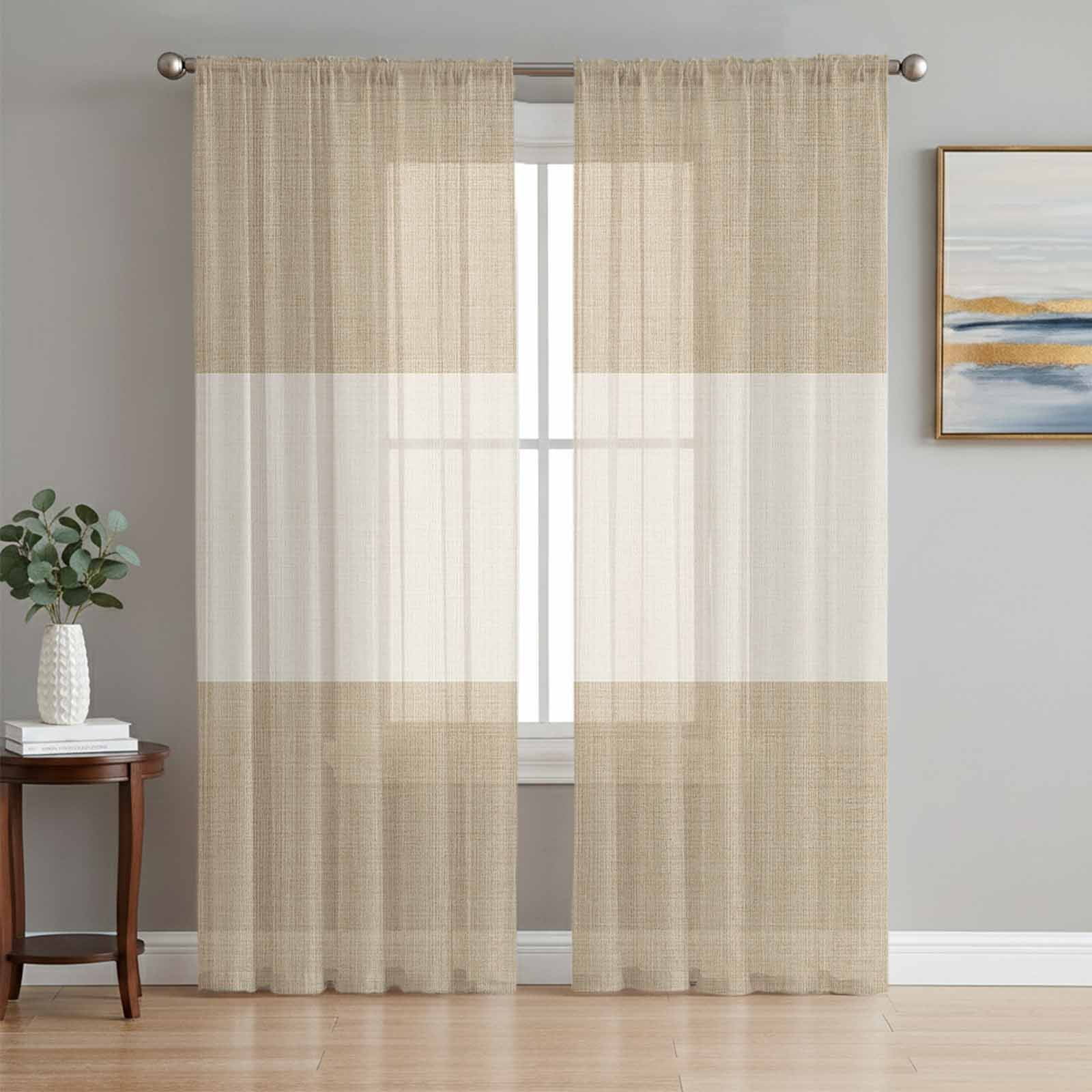 Farm Khaki Vintage Brown Color Block Striped Chiffon Sheer Curtains 84 ...