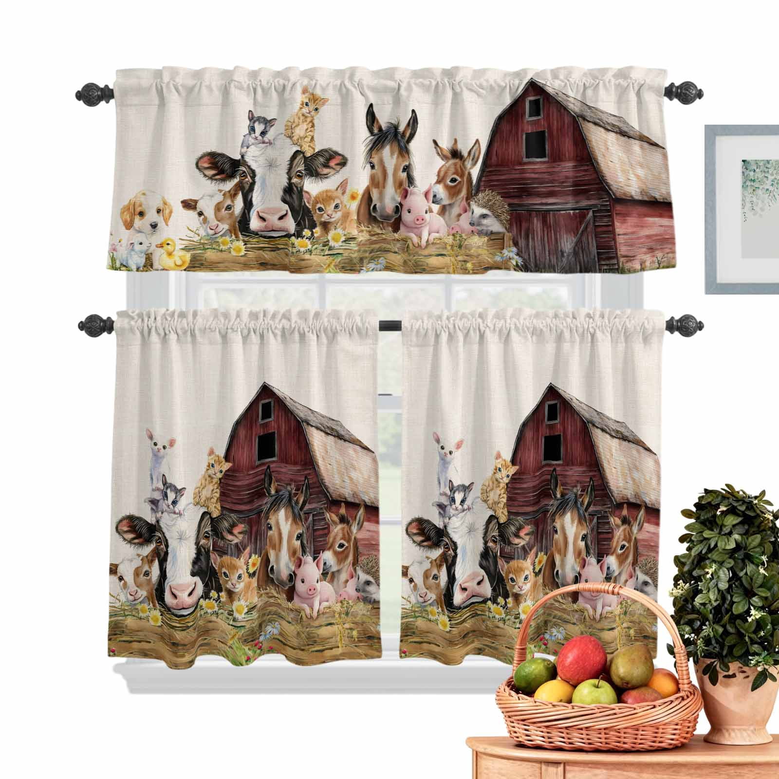 Farm Kitchen Curtains Valances 3 Piece Set, Barn Horse Sheep Cat Animal ...