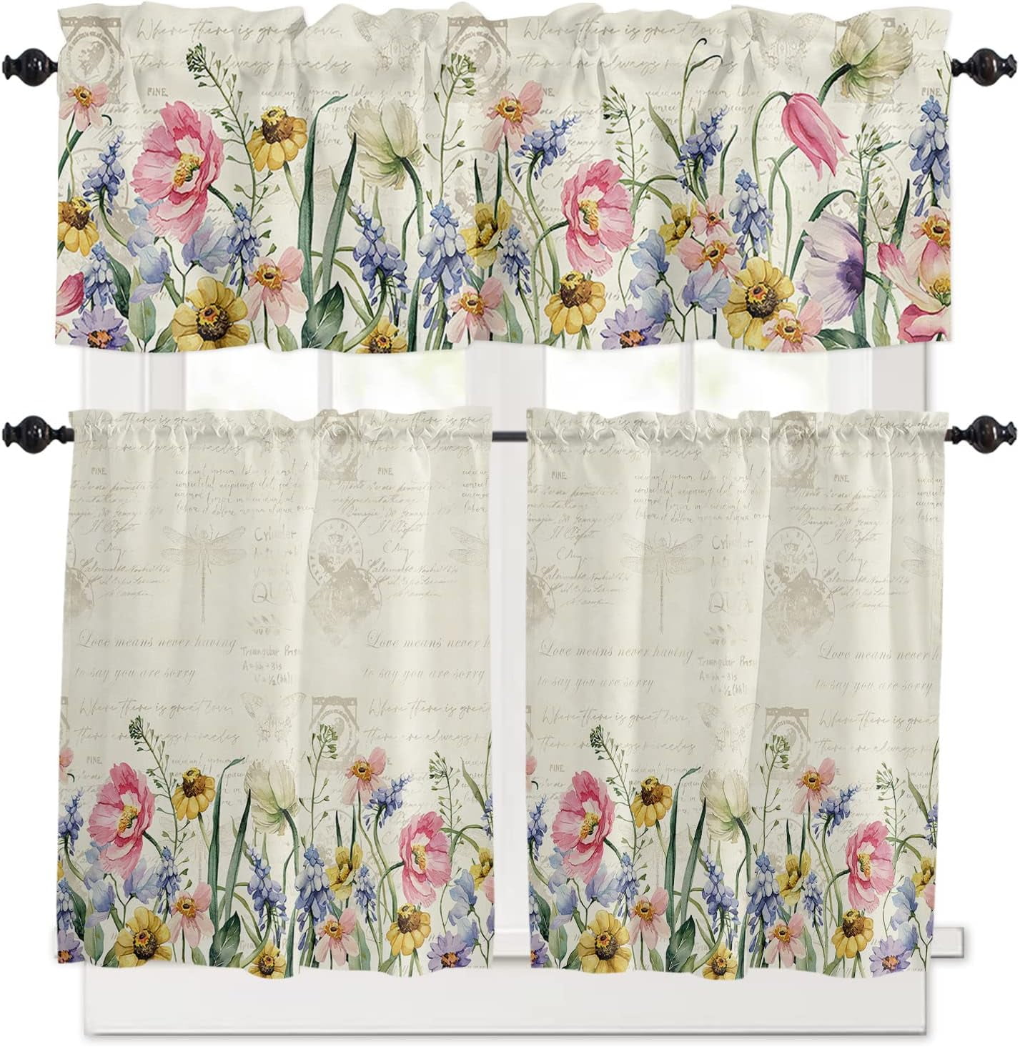 Farm Kitchen Window Valance and Tier Set Spring Boho Flowers Botanical ...