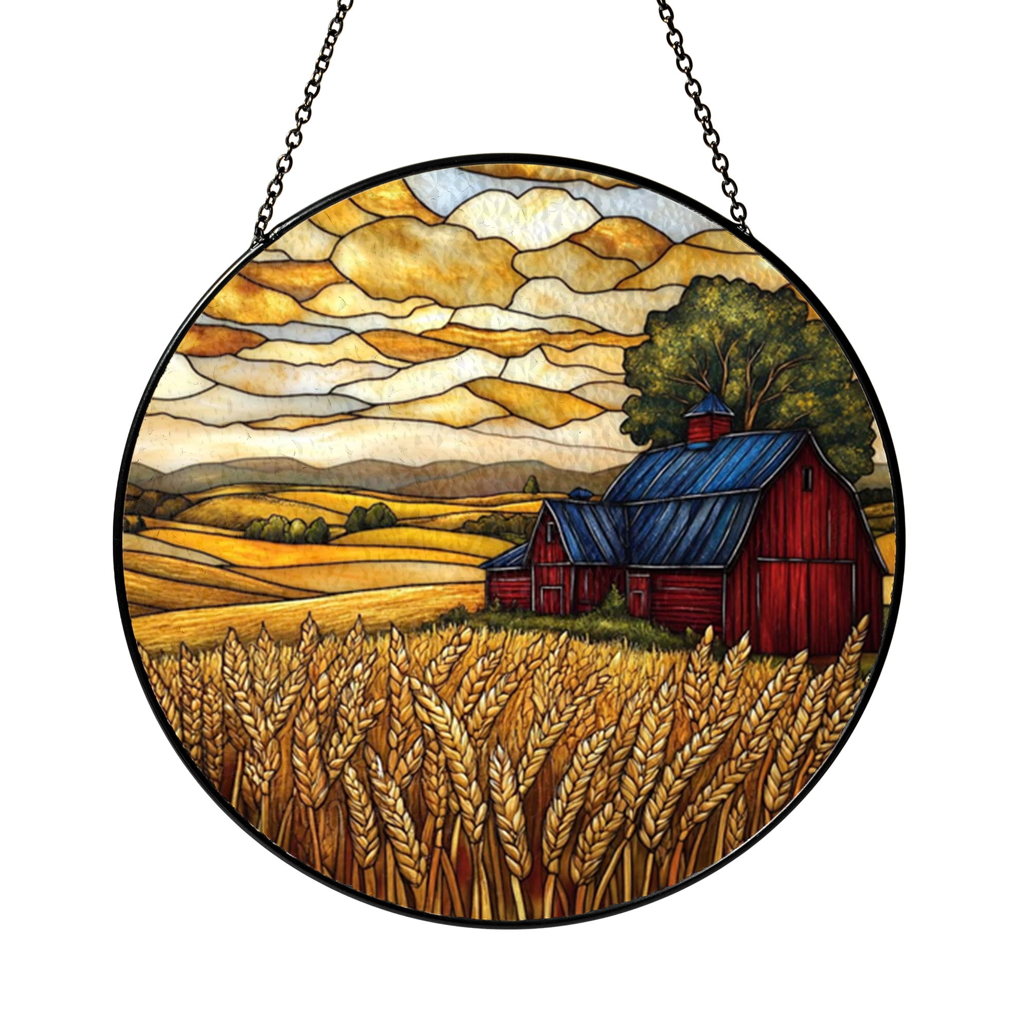 Farm Landscape Barn Stained Glass Window Hanging – Rustic Decor ...