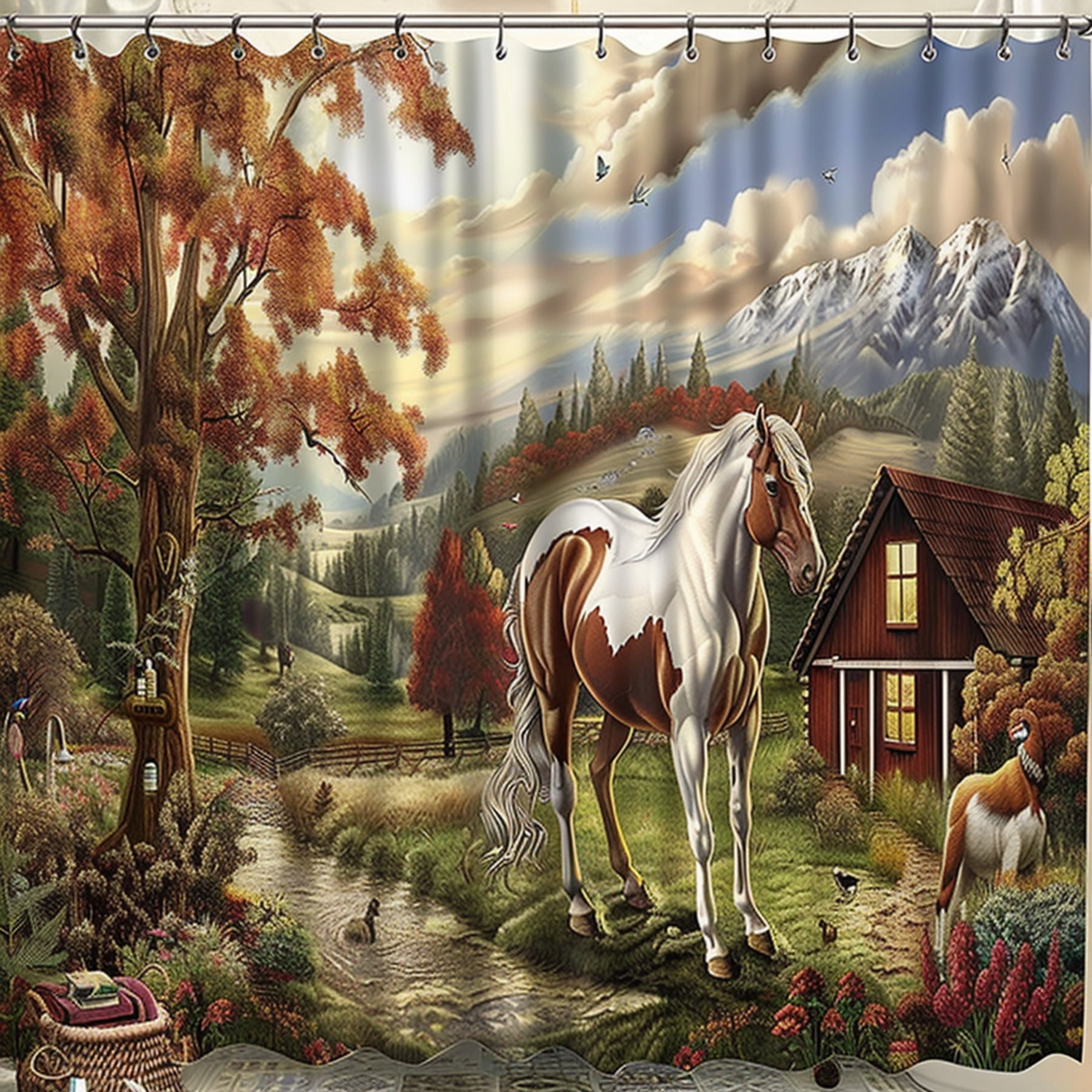 Farm Landscape Horse Shower Curtain Detailed Barn Print Realistic ...