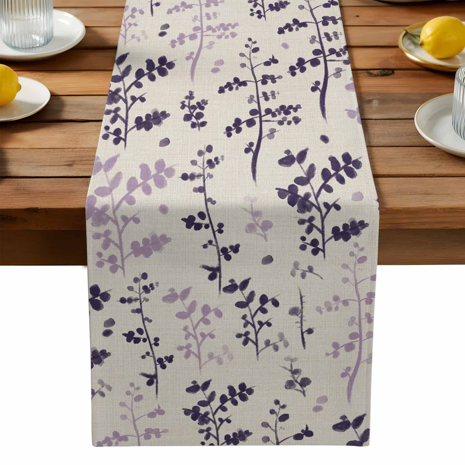 Farm Lavender Purple Leaves Table Runner, Country Style Plant Leaf ...