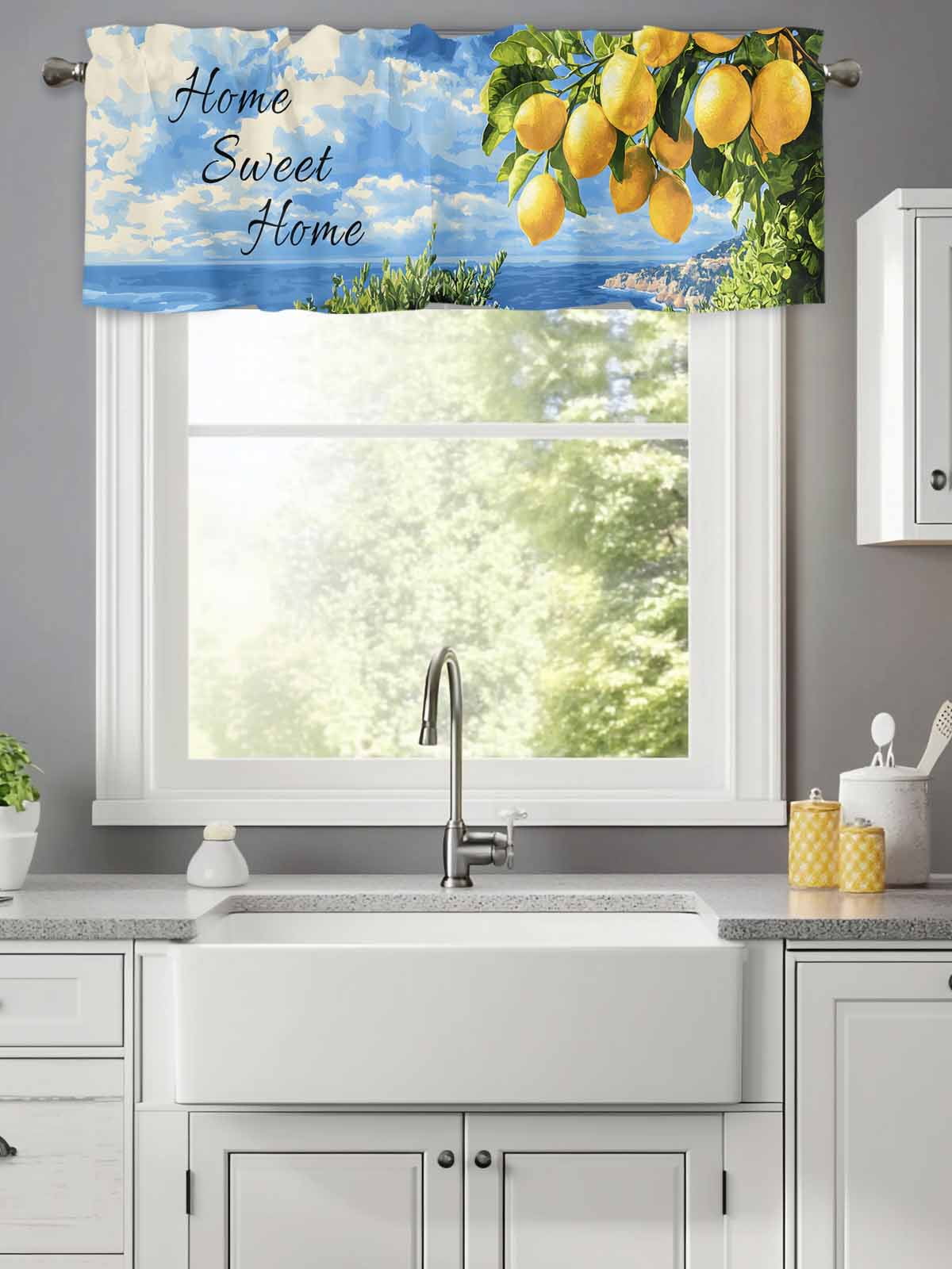 Farm Lemon Green Leaves Watercolor Valances for Windows,Kitchen Valance ...