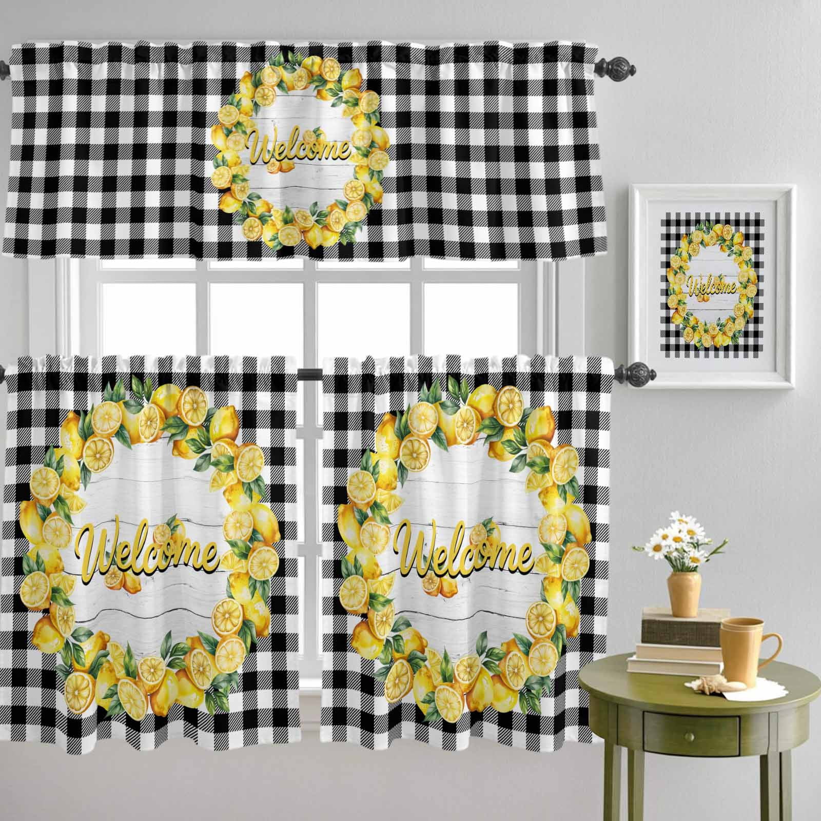Farm Lemon Leaf Welcome Text Curtain Tier and Valance Set 3 Piece ...