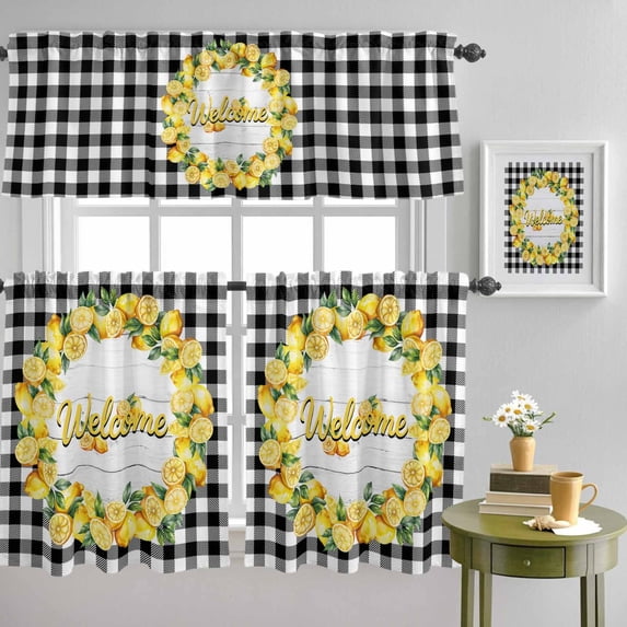 Farm Lemon Leaf Welcome Text Curtain Tier and Valance Set 3 Piece ...